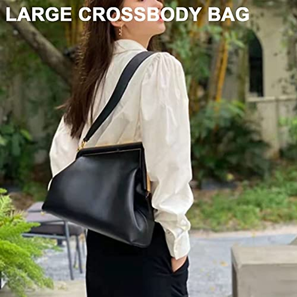 Women Clutch Purse Crossbody Bags,PU Leather Shoulder Bag with Metal Clasp Closure (33x10x25cm, Black)