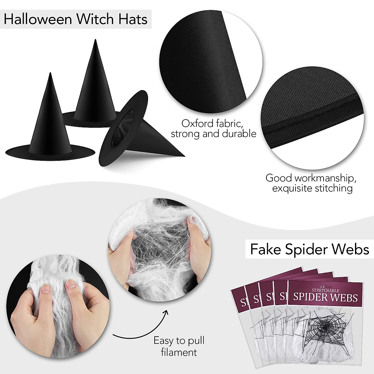 ADXCO 10 Pieces Halloween Black Witch Hat Wizard Hats with 10 Pack Halloween Spider Web Decorations and 109 Yards Hanging Rope for Halloween Party Supplies Halloween Indoor & Outdoor Decorations