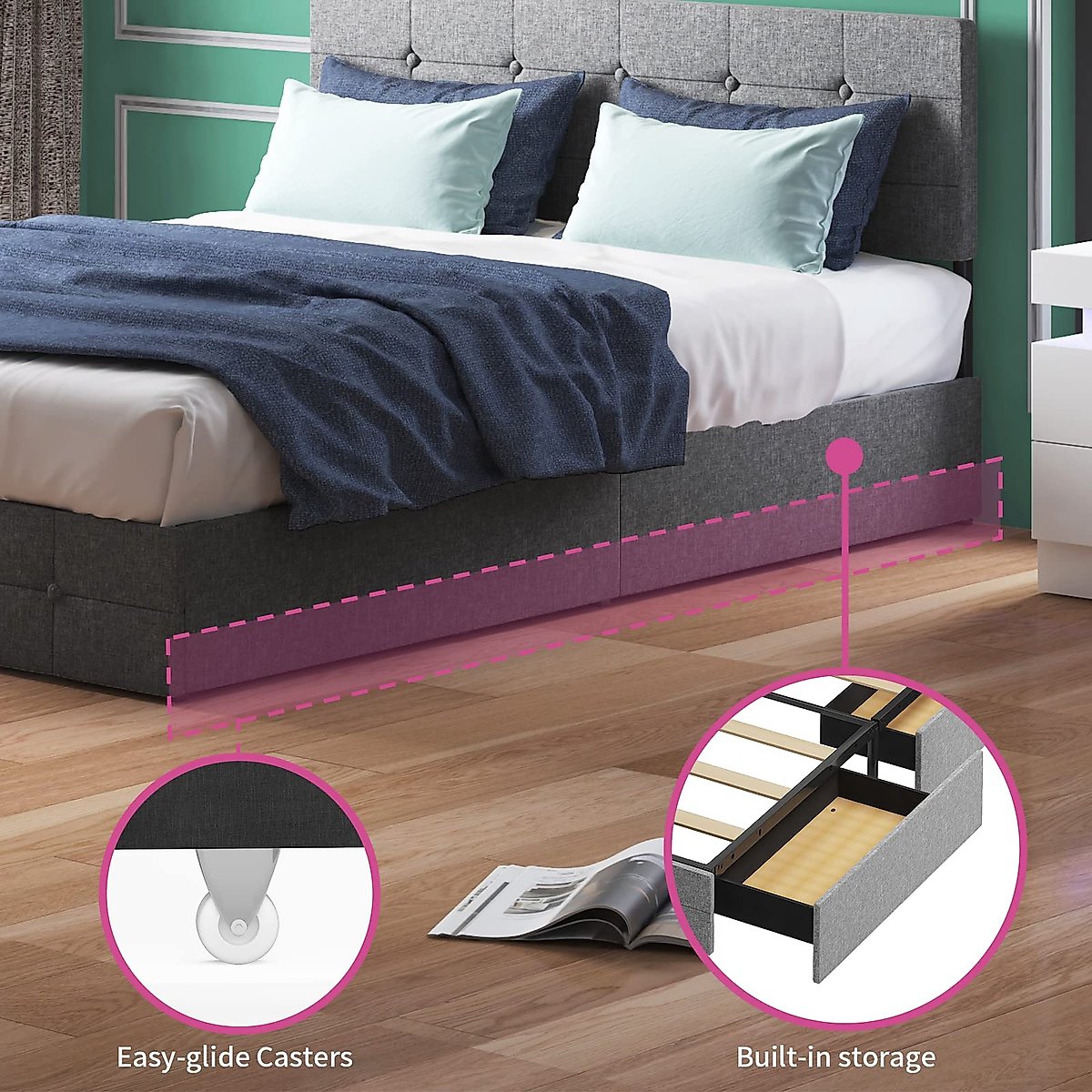 Mixoy Upholstered Platform Bed Frame with 4 Storage Drawers,Cal King Bed Frame with Square Button Tufted Adjustable Headboard, Wood Slat Support,No Box Spring Needed,No Mattress (Cal King,Dark Grey)