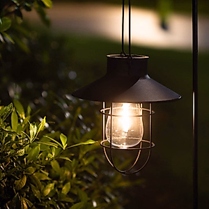 Hanging Solar Lights Lantern Lamp with Shepherd Hook,Metal Waterproof Edison Bulb Lights for Garden Outdoor Pathway (Black)
