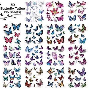 Cerlaza 3D Butterfly Tattoos Temporary, 120 Styles Butterfly Tattoos Stickers for Women and Girls, Realistic Semi Permanent Fake Tattoos for Adults, Butterfly Party Decorations