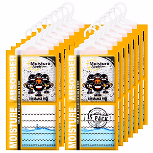 ZSZMFH 15 Pack Moisture Absorber & Max Odor Eliminator Hanging Bag, Charcoal Smell Remove Damp Musty Smell,Hanging Closet Dehumidifier Bags with 25g of Activated Charcoal (220g/pack) Yellow