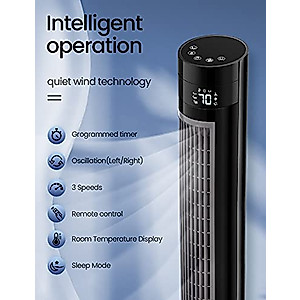 Selanto 36'' Tower Fan with Remote, Portable 80° Oscillating Fan Tower, Large LED Display, Touch Control, 12H Timer, 3 Speeds, 3 Modes, Quiet Bladeless Cooling Fan for Bedroom, Standing Floor Fans for Home Office (44'', Black)