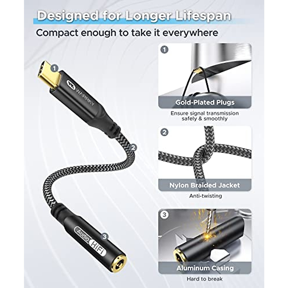 Warrky USB C to 3.5mm Audio Headphone Adapter【Flawless 24bit Hi-Res Sound Quality】 Type-C to Headphone Jack Compatible with Samsung Galaxy S22/S21/S20 Plus, Pixel 6/5/4, iPad Pro, Motorola-Black