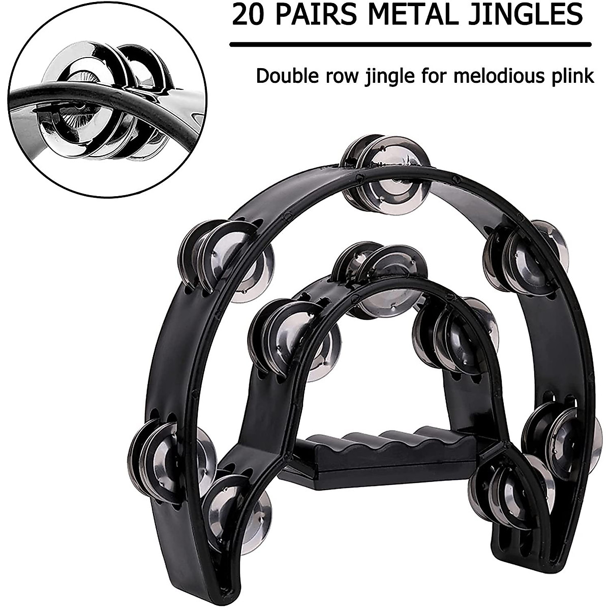 2Pack 10" Double Row Tambourine for Adult, Half Moon Musical Tambourine 20 Metal Jingles Hand Held Percussion Drum, Plastic Musical Percussion Tambourines for Adults, Church, KTV, Party, Black & White