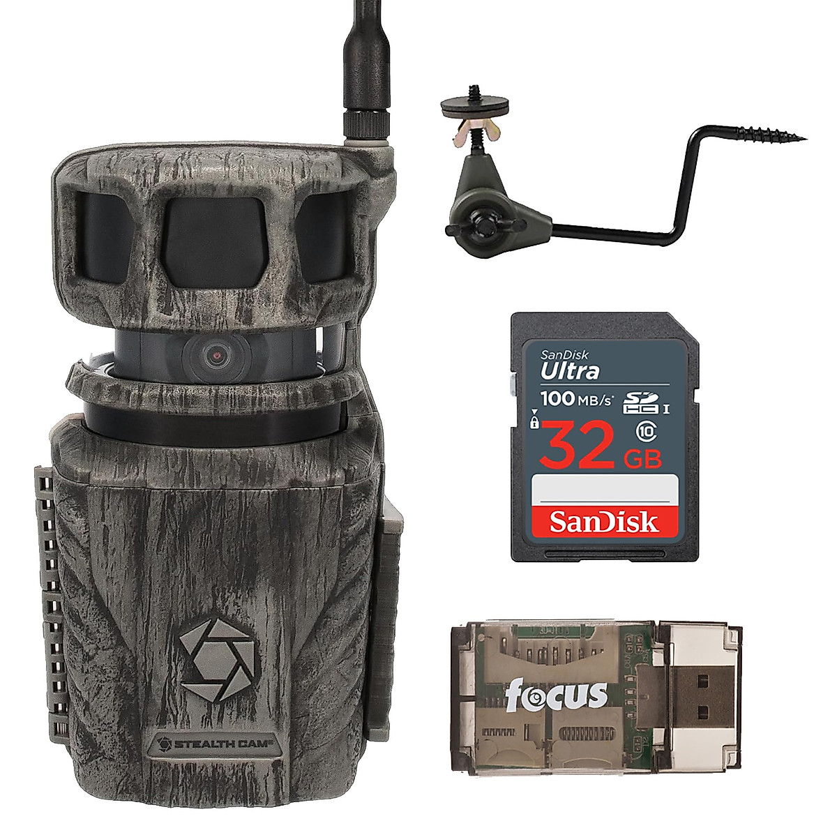 Stealth Cam Revolver 36MP 360 Degree Cellular Trail Camera with 1/4-Inch Threaded Mount Bundle with Economy Trail Camera Holder, 32GB Ultra SDHC Memory Card, and SD USB 2.0 Card Reader (4 Items)