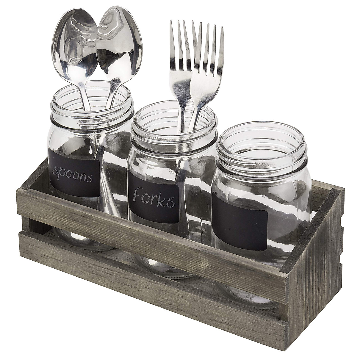 MyGift Gray Solid Wood Kitchen Countertop Flatware Utensil Holder, Casual Dining Flatware Caddy with 3 Mason Jars and Chalkboard Labels