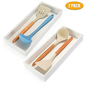 Lixple Kitchen Drawer Organizer - 2 Pack, Stackable Bamboo Drawer Organizers, Wooden Storage Box Tray for Cabinet, Pantry, Bathroom Countertop, Multi-use Organization and Storage (White)