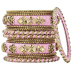 Aheli Ethnic Handmade Silk Thread Faux Stone Studded Bangle Set Chuda Indian Wedding Wear Fashion Jewelry for Women (Light Pink)