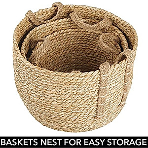 mDesign Round Braided Seagrass Woven Storage Basket with Jute Handles - Rope Weave Circle-Shaped Basket Bin for Shoe Storage in Entryway, Organizing Playroom Toys, and Laundry - Set of 3 - Natural