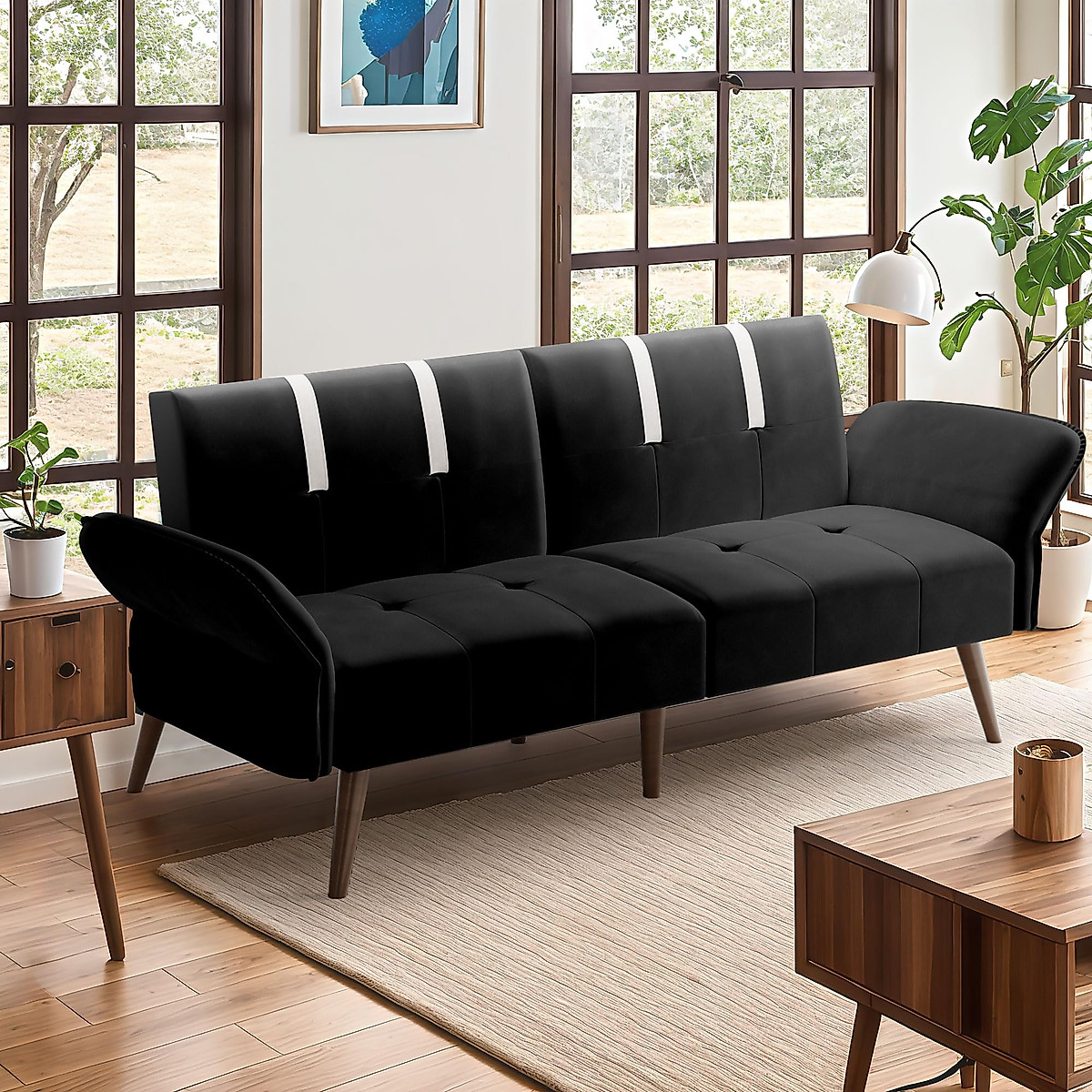 Shintenchi Futon Sofa Bed Modern Folding Sleeper Couch Bed for Living Room,Velvet Loveseat Sofa Couch Sofa cama for Apartments Office Small Spaces,w/Adjustable Armrests Backrest,Black