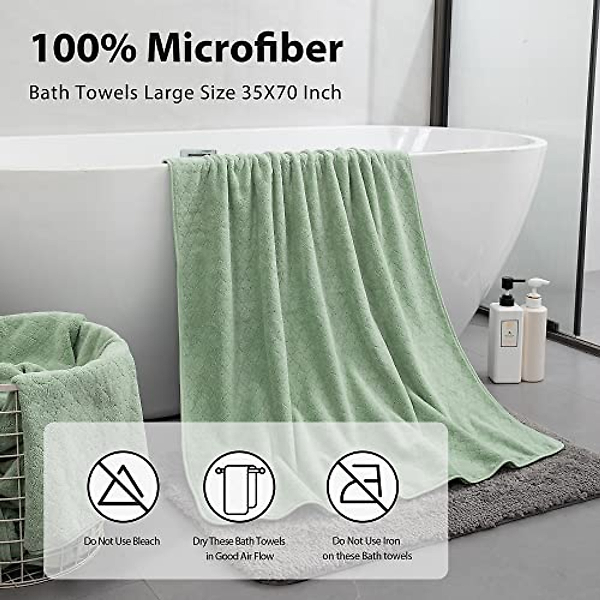 Extra Large Bath Towel Sets of 8, 2 Large Bath Towels Oversized, 2 Hand Towels, 4 Washcloths, Soft Microfiber & Quick Dry & Highly Absorbent Bath Towels for Bathroom Kitchen Spa Hotel Gym Pet(Green)