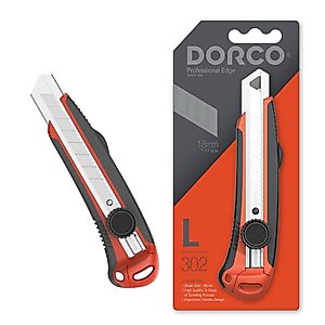 DORCO Professional Quality Utility Box Cutter Knife L302 - Solid Screw-Lock Safety System, Large Design, Retractable, Built-In Snap-Off Tool, Replaceable Carbon Steel Blade - 18mm