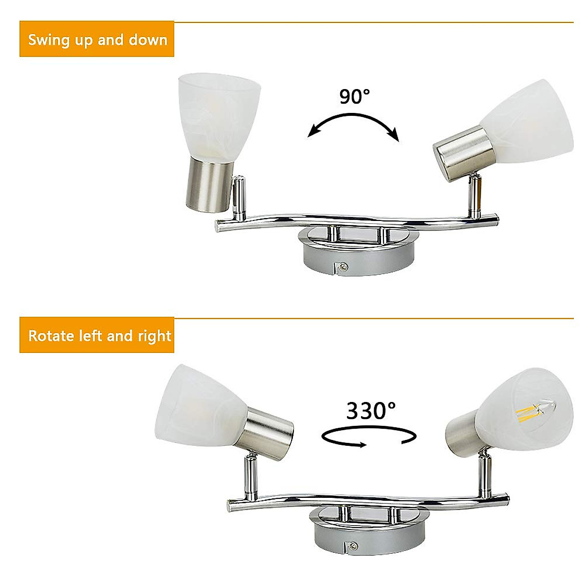 DLLT Industrial Track Lighting, Directional Spot Wall Light with Glass Shade, 2-Light Adjustable Flush Mount Tracking Light for Kitchen, Office, Bedroom, Picture Wall, Hallway, E12 Base