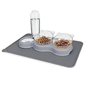 Triple Cat Bowls for Food and Water, YECERCAN Plastic Raised Cat Food Bowls with Automatic Water Bottle & Waterproof Mat for Cat/Small Dogs, 3 in 1 Pet Feeder for Wet/Dry Food