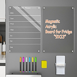 2 PCS 9"x13" Clear Weekly Meal Planner Magnetic Acrylic Board,Acrylic Magnetic Dry Erase Board for Fridge, Magnet Week Calendar for Refrigerator Includes 6 Colors Markers and Pen Container