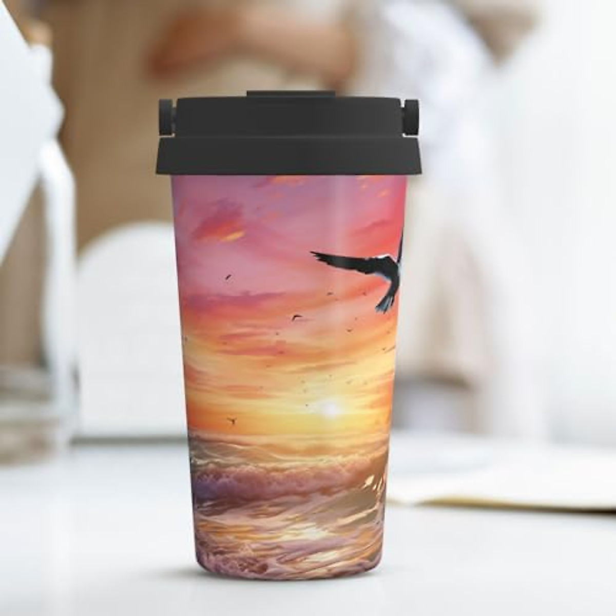GTKSYNVE Reusable Coffee Mug with Lid and Handle, Sea gull Flying Over Colorful Sky Tumbler for Hot & Cold Drinks 16oz Stainless Steel Insulated Coffee Tumblers Double Wall Vacuum Thermal Cup