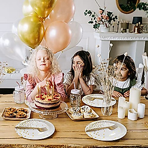 WXLDGHQ White and Gold Paper Plates Napkins Party Supplies,Disposable Gold Dot Paper Dessert Plates,105 PCS Birthday Plates and Napkins Party Supplies for Wedding(Serves 35 Guests 7")