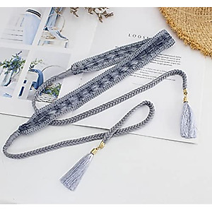 Women Girls Braided Knotted Waist Belt Skinny Mixed Color Rope Exotic Chain Tassel for Dress Skirt (Grey Lace)
