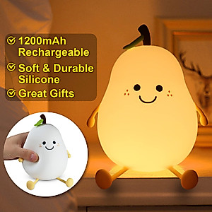 PSDRIQQ Night Light Pear Cute LED Nursery Nightlight Lamp, Tap Control Squishy Silicone, USB Rechargeable Bedside Lamp for Bedroom, Warm White & 7 Colors, Christmas Gift for Kids Girls Boys