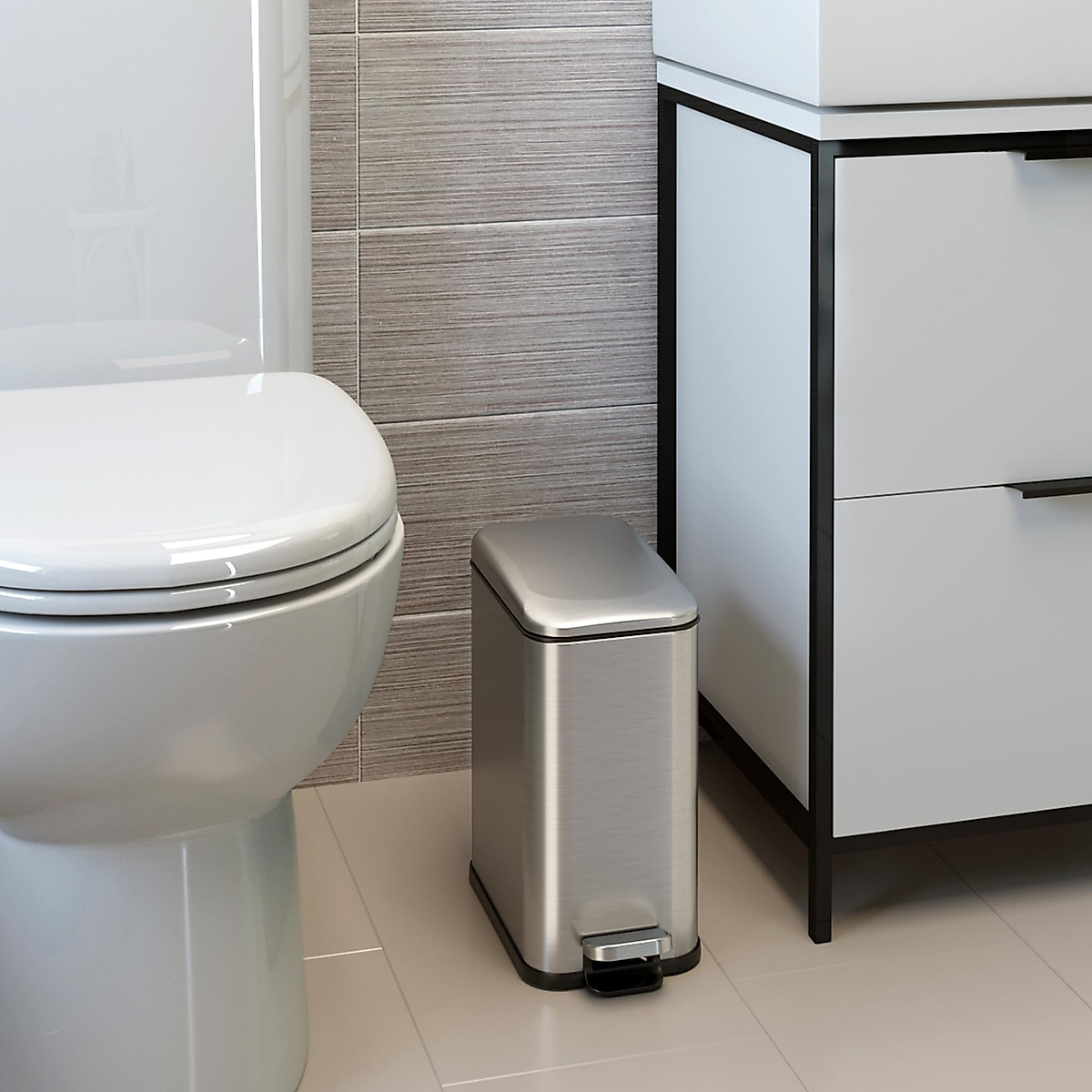 iTouchless SoftStep 1.3 Gallon Slim Bathroom Trash Can with Odor Filter and Removable Inner Bucket, Stainless Steel, 5 Liter Small Garbage Step Bin, Bathroom, Bedroom, Business, Home, Office Cubicle