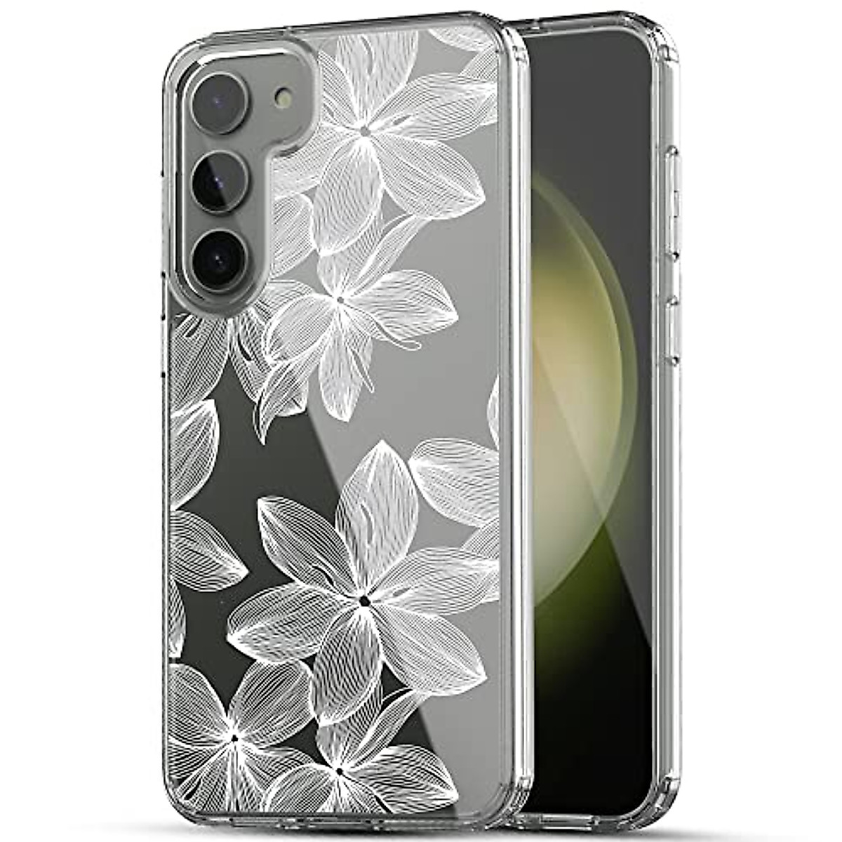RANZ Galaxy S23 Plus Case, Anti-Scratch Shockproof Clear PC+ TPU Bumper with White Flower Design
