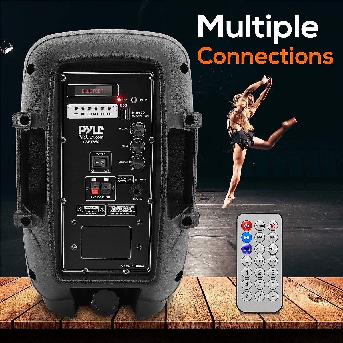 Pyle 800W Portable Bluetooth PA Speaker - 8’’ Subwoofer, LED Battery Indicator Lights w/ Built-in Rechargeable Battery, MP3/USB/SD Card Reader, and UHF Wireless Microphone - Pyle PSBT85A,Black