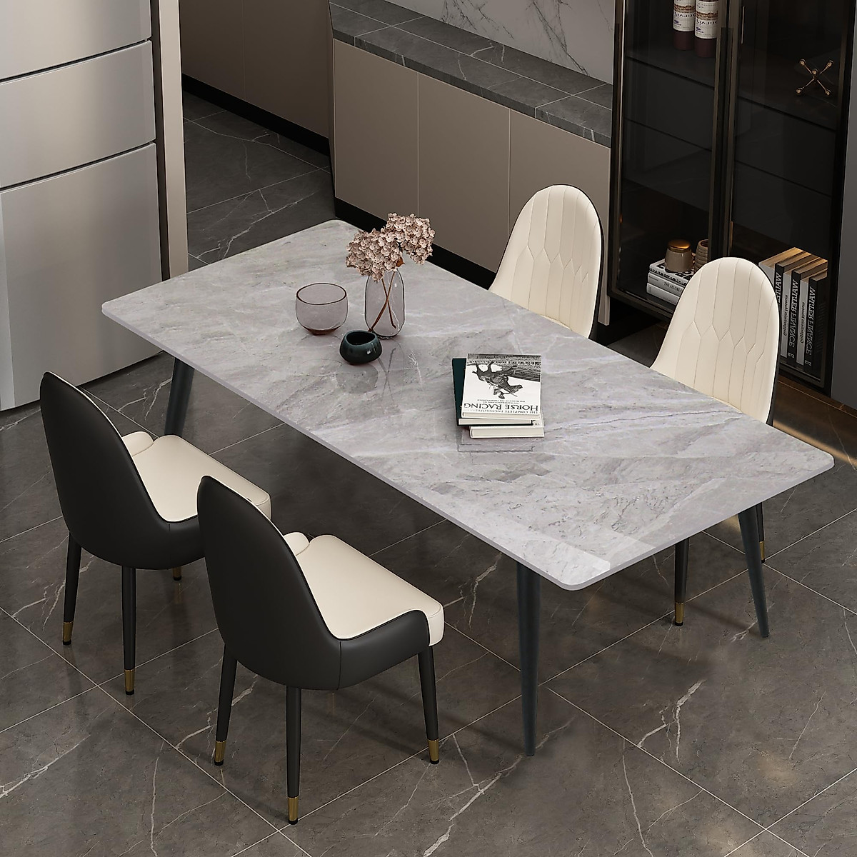 AmoUnico 63 inch Marble Sintered Stone Dining Table, Rectangular Modern Dinner Table for 6-Seat with Metal Legs, Restaurant Table for Living Room (Gloss Grey, Slanted Legs)