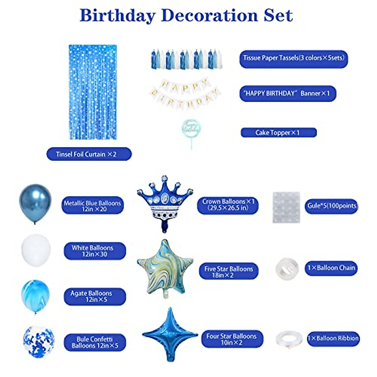 Bule Birthday Party Decorations Set with Birthday Banner, Bule Confetti Balloons, Bule Foil Birthday Background, Tassel Garland, Cake Toppers for Girls Men Kids Baby Birthday Party Supplies Decor