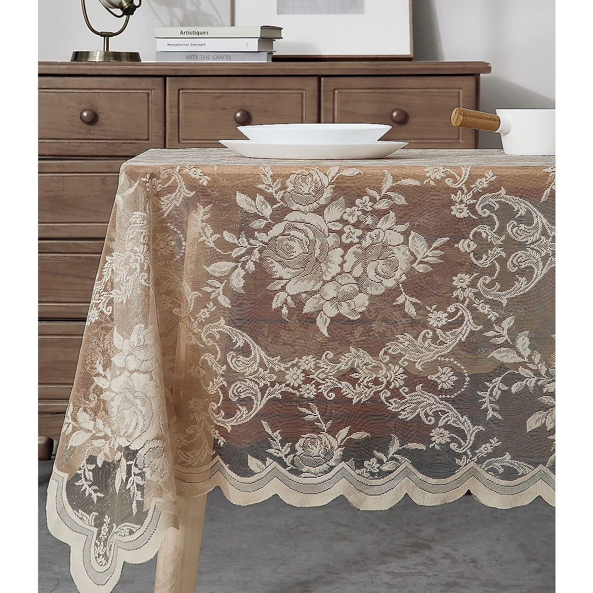 Warm Home Designs 60 x 84 Lace Tablecloth. Gold Linen Rectangle Tablecloth with English Rose Design. Rectangular Tablecloth, Rustic Tablecloth or Dining Table Cover for 6-8 Guests. LTC Linen 84"
