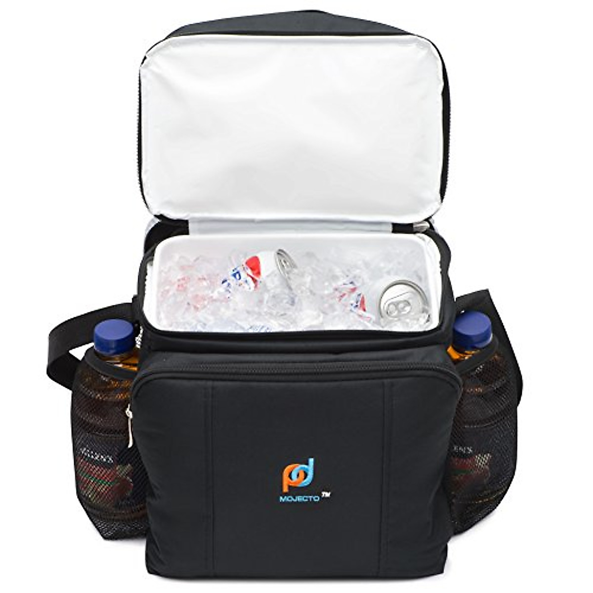 MOJECTO Medium Size Cooler Lunch Bag With Removable Leakproof Plastic Hardliner Bucket. Dual compartment, 600D Strong Polyester, Thick Foam Insulation, Large Pockets And Zippers.
