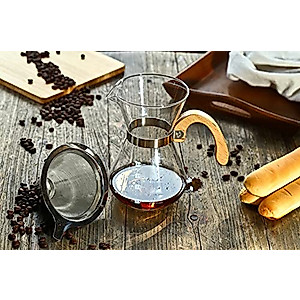 KATKAF Wooden Handle Pour Over Coffee Maker - with Double-layer Paper-free Stainless Steel Filter - Hand Coffee Dripper Brewer Pot - 13.5 Ounce/ 400 ml