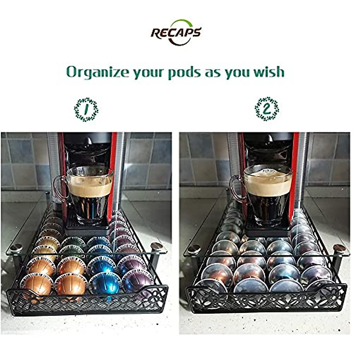 RECAPS Coffee Pod Kitchen Organizer Storage Holder Pod Drawer Pods Holder Compatible with Vertuoline and VertuolinePlus Machines Tempered Glass Drawer Stores 40 Coffee Pods(Coffee Pods NOT Included)