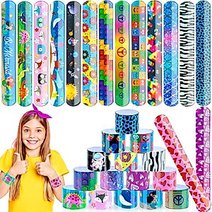 Slap Bracelets Kids Party Favors 48PCS Snap Bracelet Wrist Bands for Boys Girls Birthday Gift Treasure Box Classroom Rewards Goodie Bag Fillers Pinata Stuffers Xmas Easter Valentine Halloween Supplies