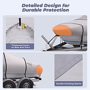 RVMasking Heavy Duty Middle 1400D Reinforced Boat Cover with Storage Bag Trailerable Marine Grade Waterproof Boat Cover Fits Bass Boat, V-Hull, Runabout, Length: 16'-18.5', Beam Width up to 94", Gray