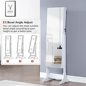 GISSAR Jewelry Organizer Full Length Mirror Jewelry Cabinet Standing/Wall/Hanging Door Jewelry Armoire Storage with Lights, Lockable, White