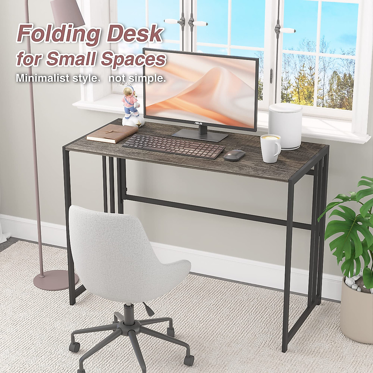 Gezen Folding Desk 40'' Computer Desk for Home Office, No Assembly Office Desk Foldable Simple Study Writing Desk Table for Small Spaces(Dark Grey)