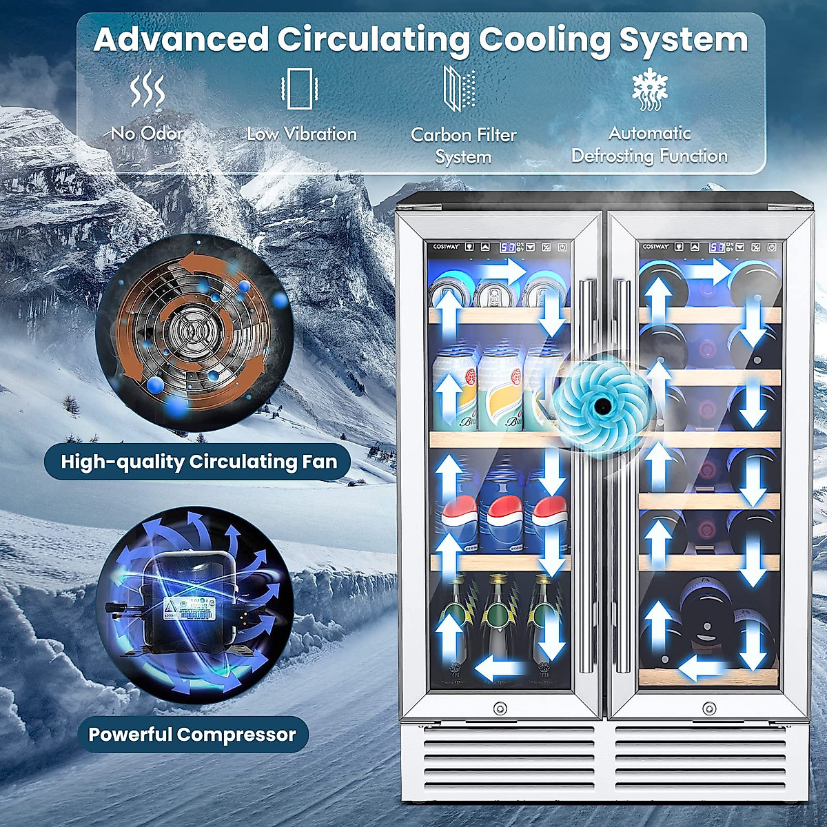 COSTWAY 24 Inch Wine and Beverage Refrigerator, Dual Zone 19 Bottles and 57 Cans Wine Cooler, Under Counter Wine Fridge with Lock, Built-In Freestanding Beverage Fridge for Beer Soda Drink