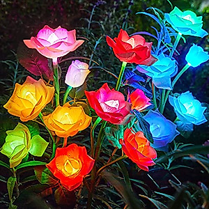 Solar Garden Lights Outdoor Decorative, RECHOO 3 Pack Solar Garden Lights with 15 Rose Flowers, Multi-Color Changing LED Waterproof Solar Powered Garden Decor for Patio Yard Pathway Decoration