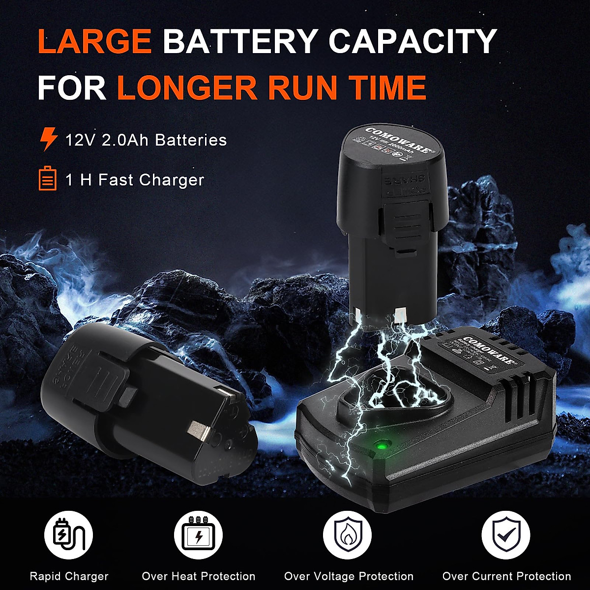 COMOWARE 3/8 Cordless Electric Ratchet Wrench Kit, 40ft-lbs Torque, 12V Power, 8 Sockets, LED Light, Fast Charger, Ergonomic Design