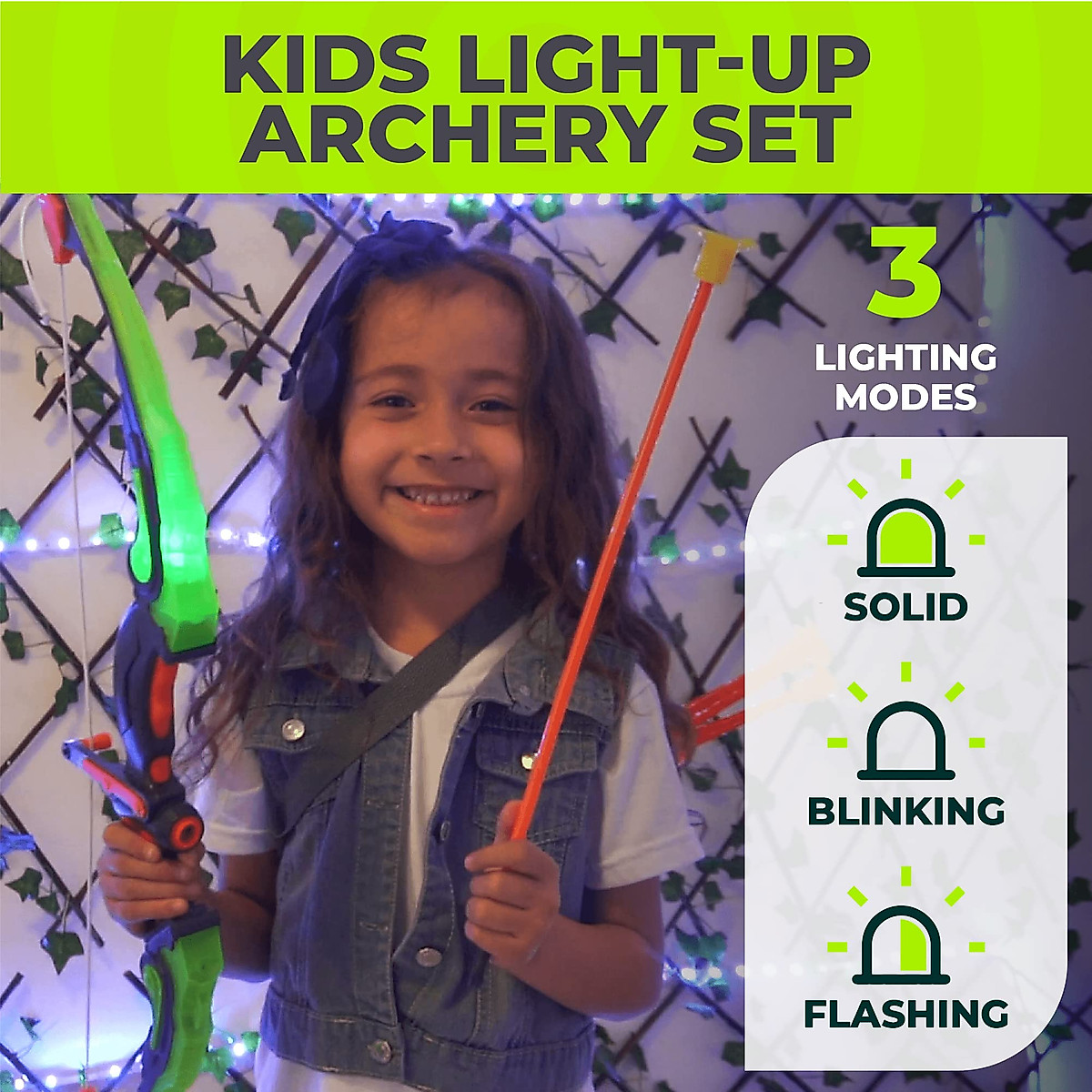 Toysery Kids Bow and Arrow Set with LED Flash Lights, Toy Bow and Arrow for Kids 8-12 Years Old - Toy Bow and Arrow Set for Boys and Girls, Includes Archery Bow, 6 Archery Arrows, Target, Quiver Green