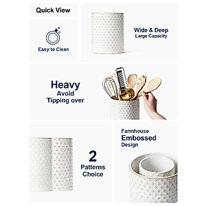 LE TAUCI Utensil Holder, 7.1" Ceramic Kitchen Utensil Holder for Counter top, Embossed Cooking Utensil Organizer for Spatula & Spoon, Kitchen Decor, Set of 1, Arctic White, Clover