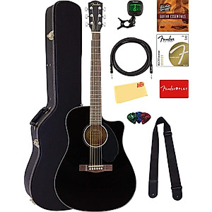 Fender CD-60SCE Solid Top Dreadnought Acoustic-Electric Guitar - Black Bundle with Hard Case, Instrument Cable, Tuner, Strap, Strings, Picks, and Austin Bazaar Instructional DVD