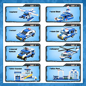 WishaLife 8 in 1 City Police Mobile Command Center Truck Toy Building Set, with Police Station Toy, Police Car Toy, Helicopter Toy, Boat Toy, Fun Police Toys Gift for Kids, Boys and Girls Ages 6 Plus