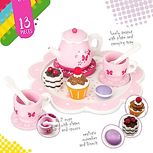 13 Pc Wooden Tea Set Toy - Includes Wood Tea Pot, Carrying Tray, teacups, Cupcakes. Made with Premium Materials - Encourages Pretend Play and Communication Skills - Wooden Toys for Children 3+