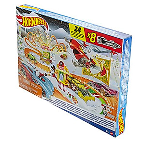 Hot Wheels Toy Cars, 2022 Advent Calendar with 8 1:64 Scale Vehicles, 16 Holiday-Themed Accessories & Playmat