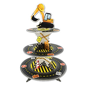 Construction Birthday Decorations Cupcake Stand Cardboard Dessert Stand 3 Tire Mini Cake Stand Reusable Kid Birthday Baby Shower Party Supplies Treat Stand