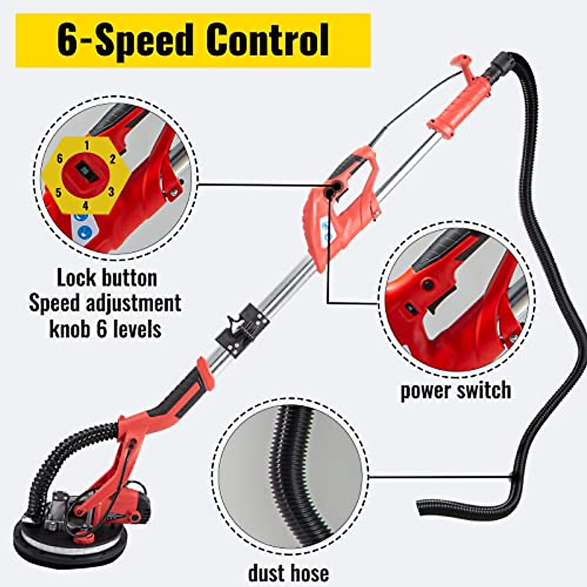VEVOR Electric Drywall Sander 850W with LED Strip Light, Foldable Sheetrock Sander with Extendable Handle Variable Speed 800-1750RPM,Drywall Sander with 6 Sand Pads