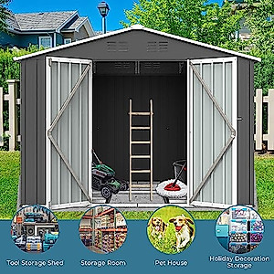 Zevemomo 8 x 6 ft Outdoor Storage Shed, All Weather Tool Shed with Metal Foundation & Lockable Doors, Metal Shed Outdoor Storage for Garden, Patio, Backyard, Lawn, Grey