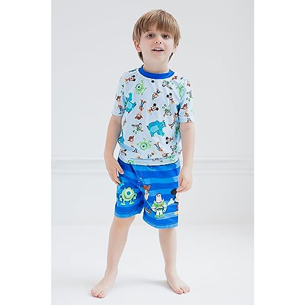 Disney Pixar Toy Story Monsters Inc. Mickey Mouse D100 Infant Baby Boys Rash Guard and Swim Trunks Outfit Set Blue 24 Months